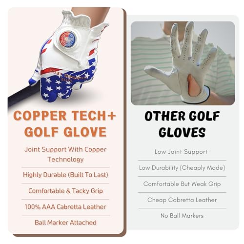 Copper Tech Plus Men's Golf Gloves Right Hand - USA Flag Golf Glove with Ball Marker - Perfect for Summer Golfing - 100% AAA Tacky Synthetic Leather Only (Hand Orientation: Right, X-Large)