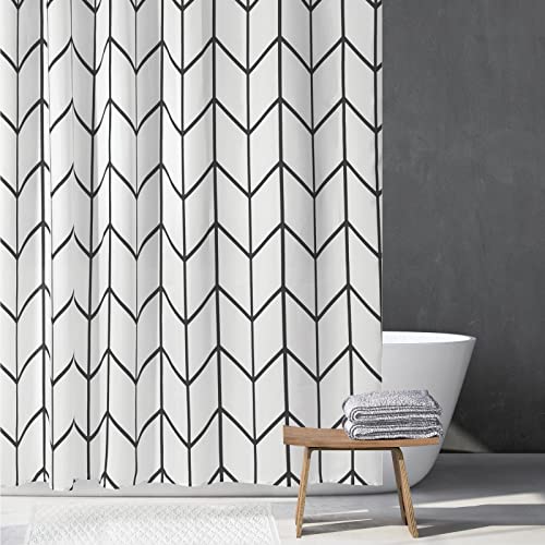 mDesign Fabric Geometric Shower Curtain - Herringbone Chevron Print with Reinforced Buttonholes for Master/Guest Bathroom - Machine Washable & Water Resistant Curtains - 72" x 72" - Black/White