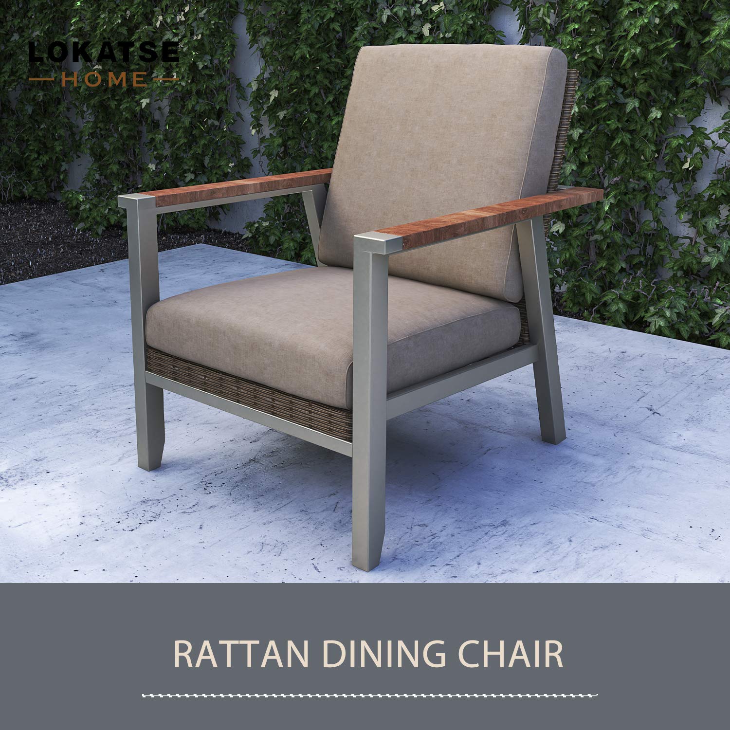 LOKATSE HOME Outdoor Wicker Chair Patio Dining Rattan Grey Cushion