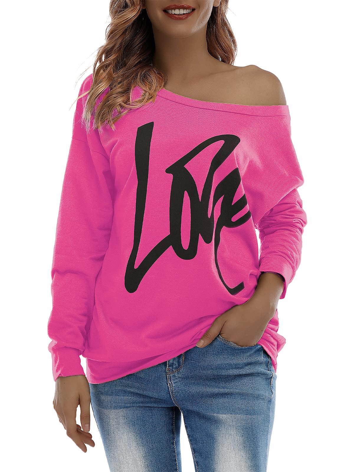 Century Star Women Long Sleeve Sweatshirts Off the Shoulder Sweatshirt Oversized letter Print Sweaters Pullover Casual Shirt Tops Rose Red Large (Lable Size Medium)