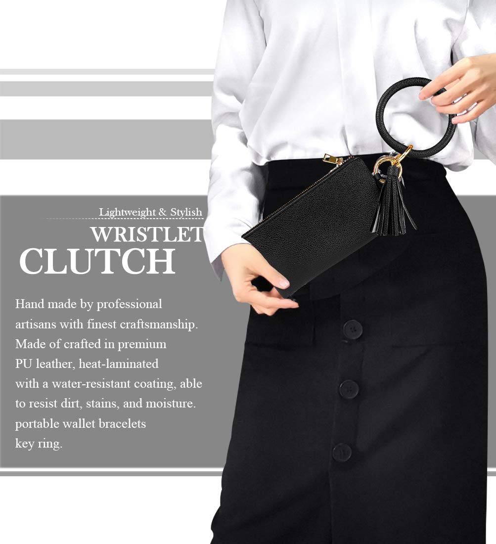 Women's Round Key Ring Wristlet Clutch Wallet, Lightweight Leather Wristlet Purse Bag with Bracelet Circle Keyring (Black) Medium