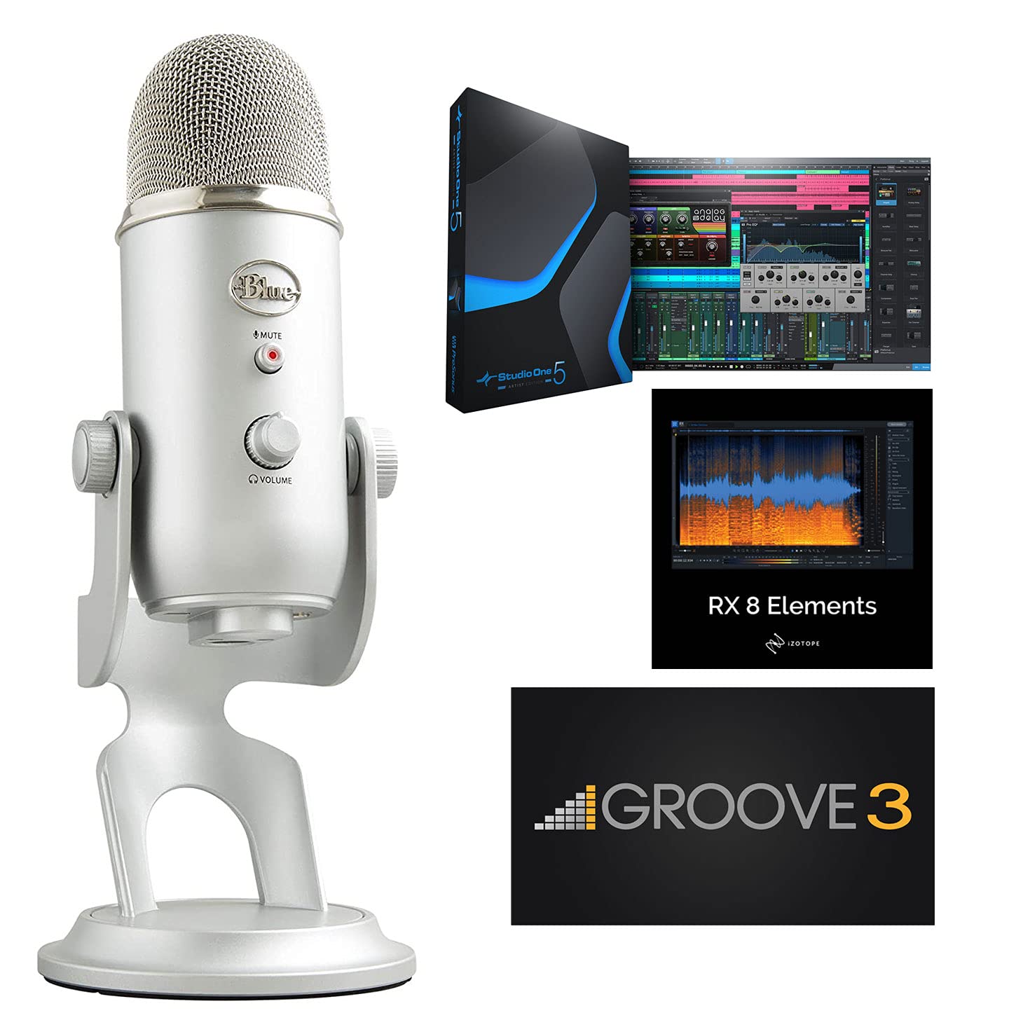 Blue Yeti Silver Professional Multi-Pattern USB Microphone Plus Pack Bundle with Presonus StudioOne 5 Artist DAW, iZotope RX Elements Plug-in and Groover 3 Tutorials 3-Month Subscription