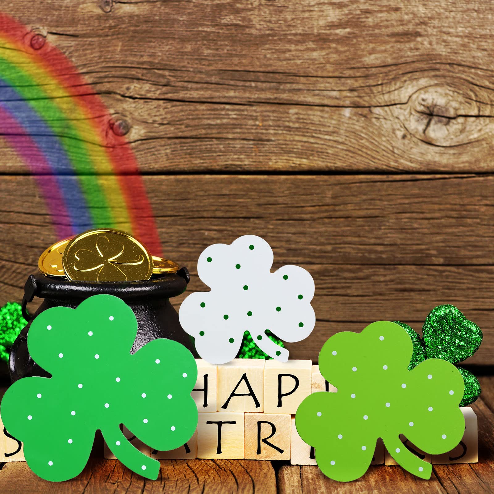 St. Patrick's Day Table Wooden Signs 3 Pieces St. Patrick's Table Decor Irish Themed Wooden Shamrock Decor Green Shamrock Blocks St. Patrick's Day Shamrocks Lucky Sign for Home Decor (Cute Style)