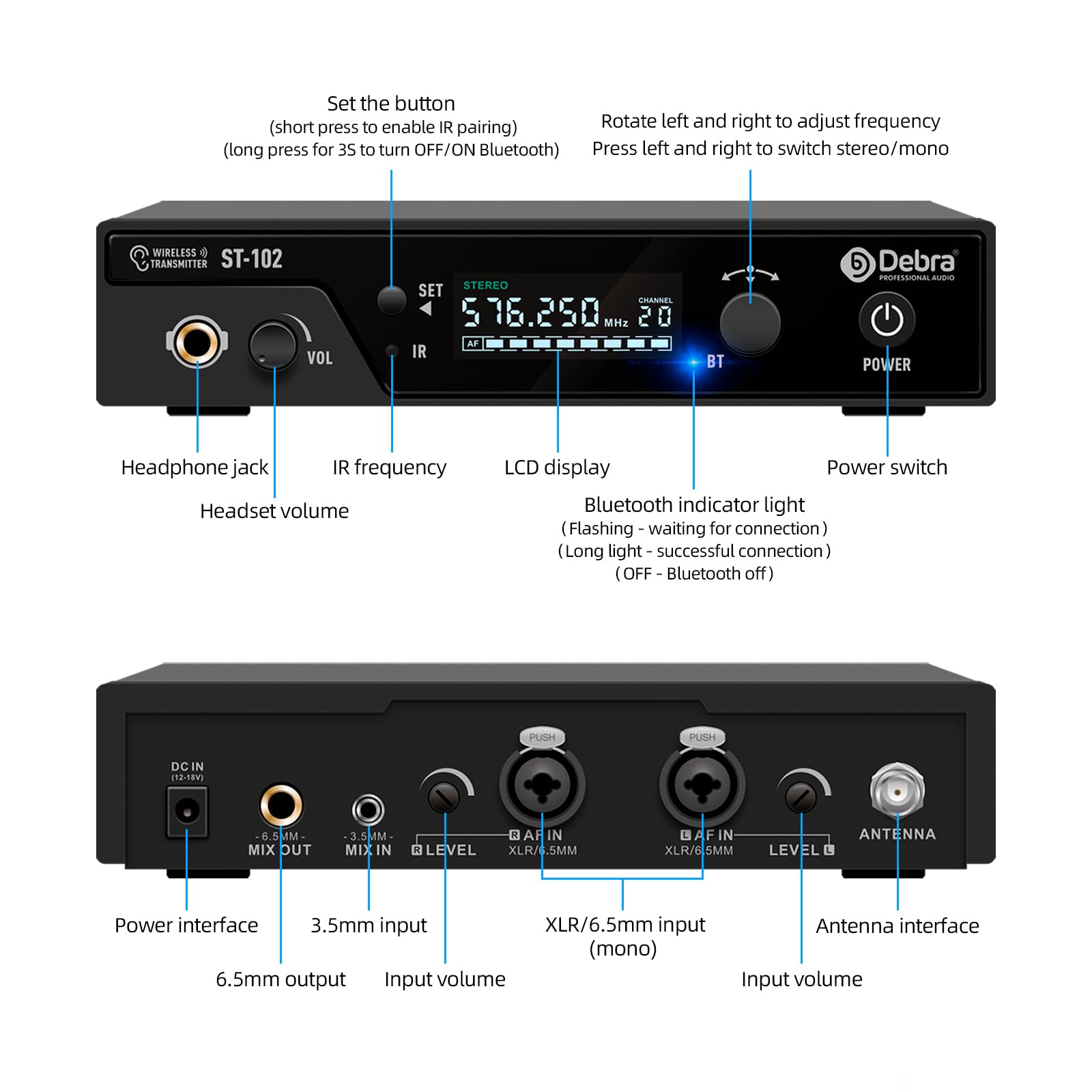 D Debra PRO ST-102 UHF Stereo Wireless in Ear Monitor System, Wireless IEM with Bodypacks and Headsets, Ideal for Stage Studio Speech (1 Bodypack with Transmitter (ER-102))