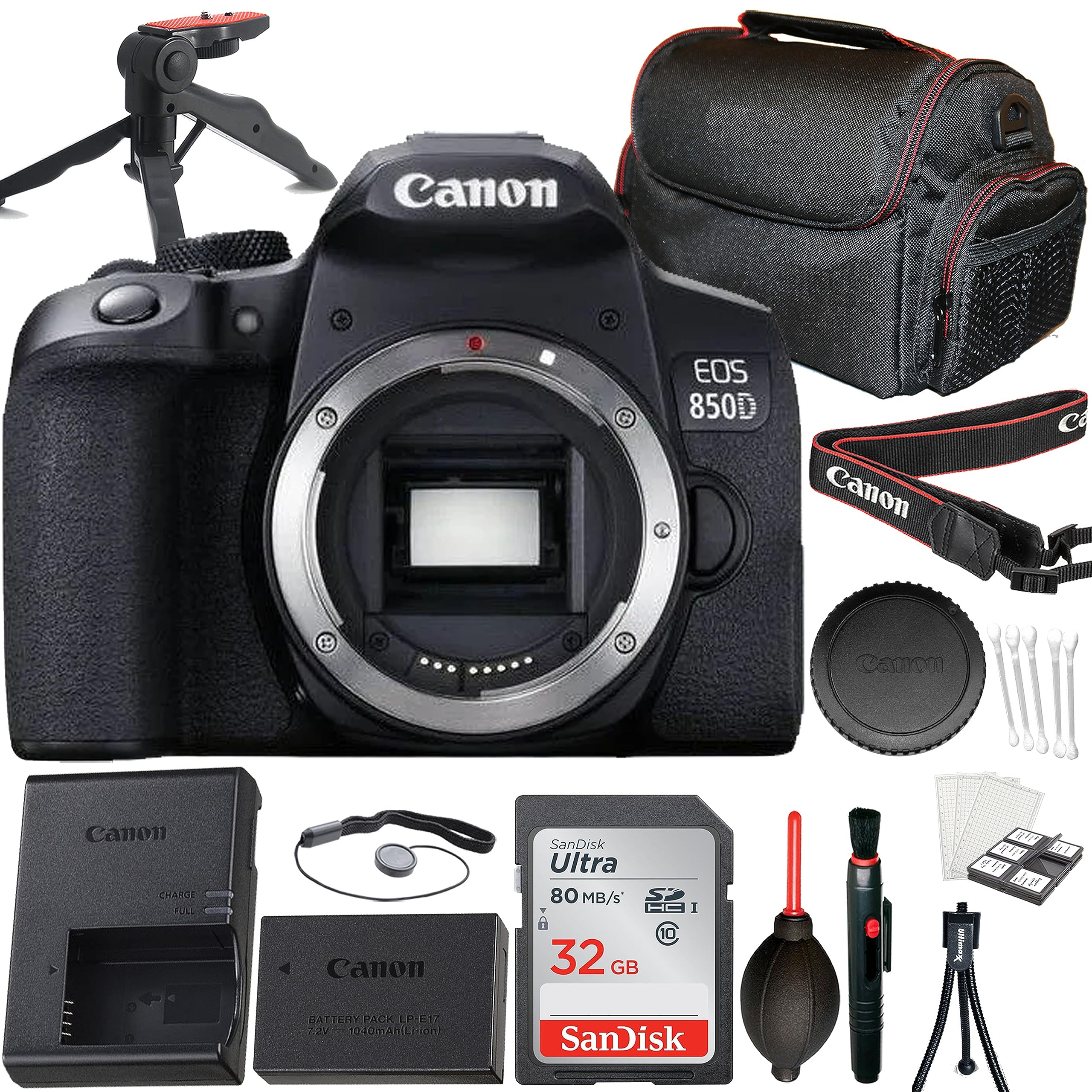 Canon EOS Rebel 850D / T8i DSLR Camera (Body Only) + 32GB Memory Card + Tripod + Case + Cleaning Kit & More
