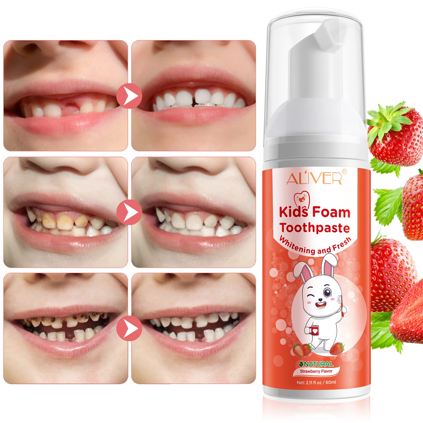 Foam Toothpaste Kids - 2 Pack Childrens Toothpaste with Low Fluoride Toddler Toothpaste for Electric Toothbrush Foaming Toothpaste Kids for Toddler's Oral Cleaning and Cavity Prevention(Strawberry)