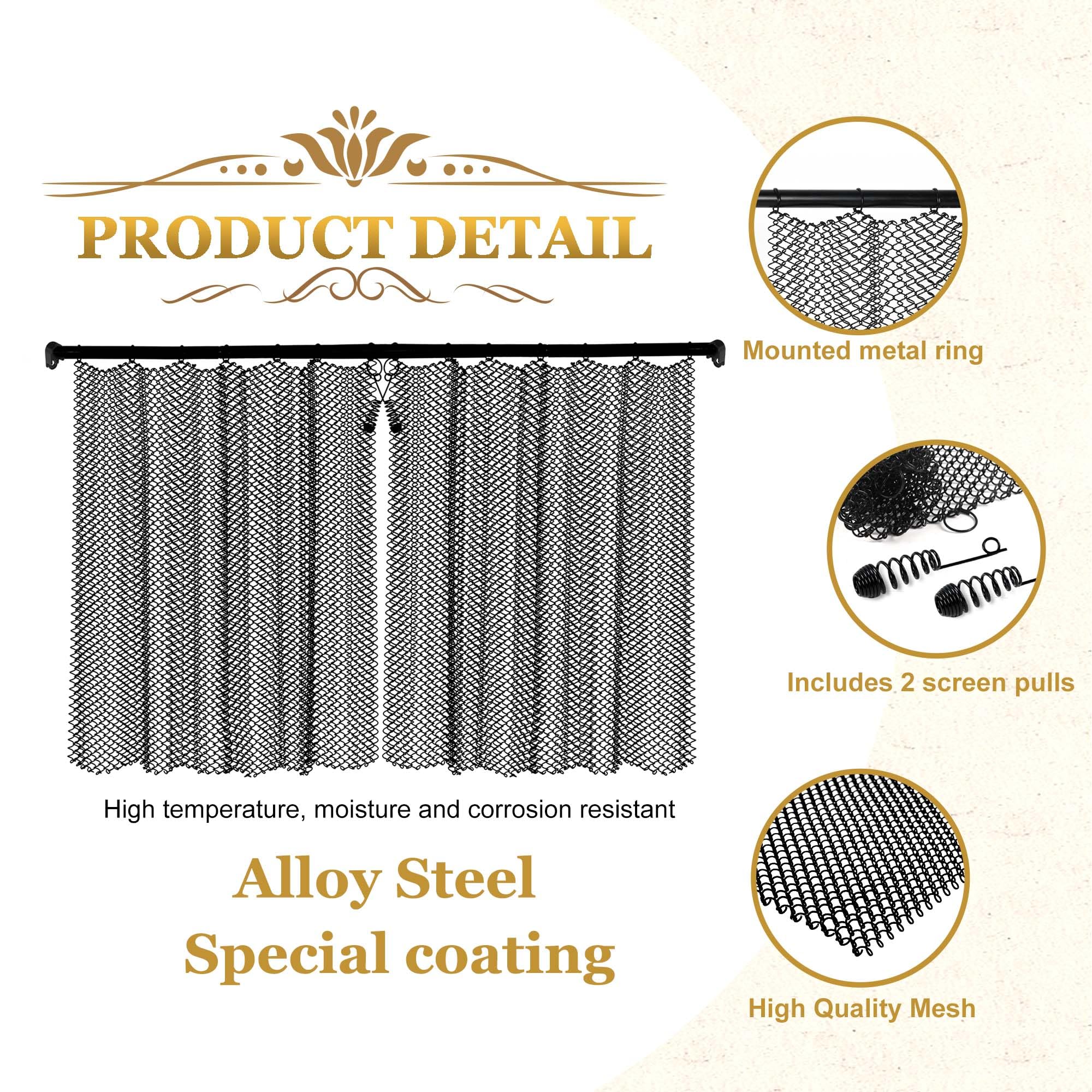 Fireplace Mesh Screen Curtain with Adjustable Rods, 2 Pack Decorative Spark Guard Chain, Easy-to-Install Hanging Replacement Screens for Wood Burning Fireplaces (22" H x 27.5" W)