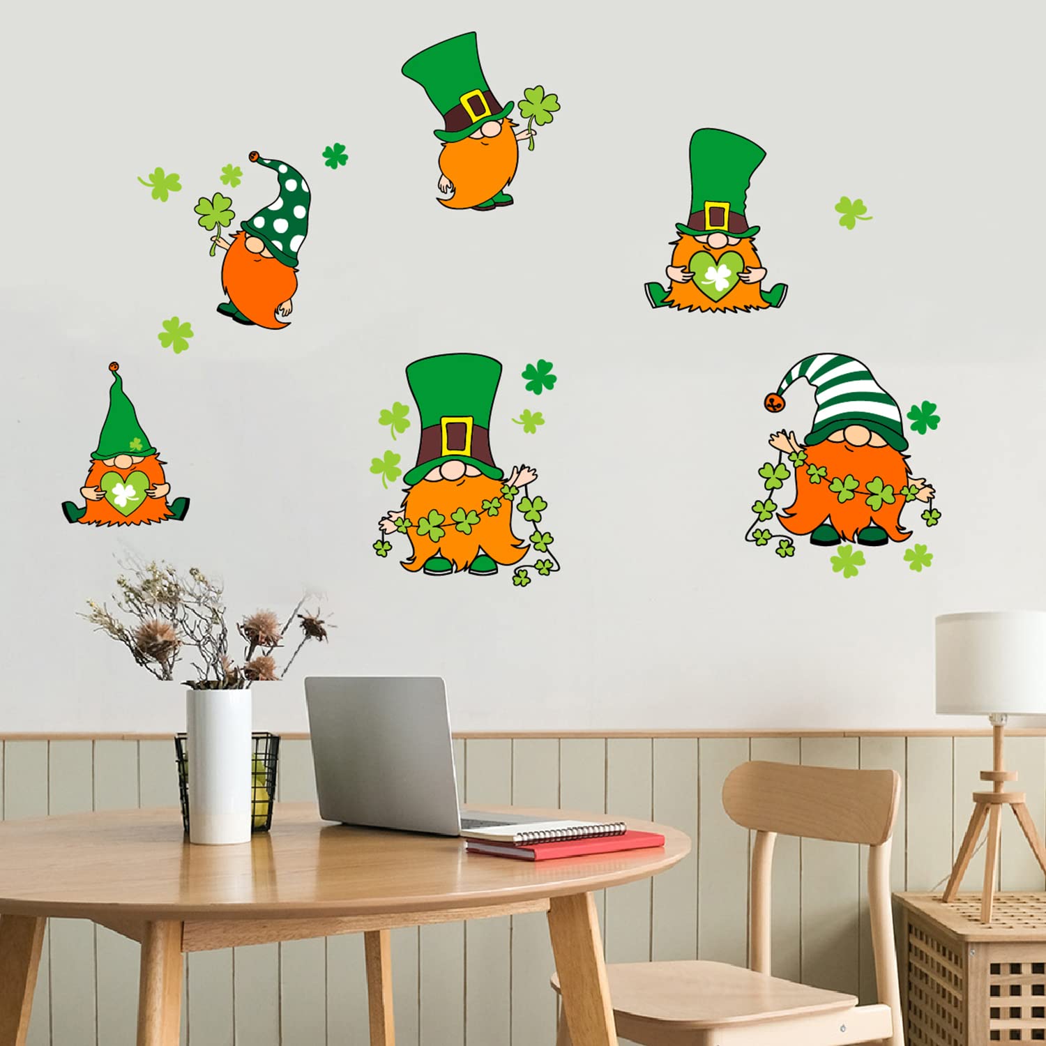 St. Patrick's Day Wall Decals Irish Shamrock Leprechaun Gnome Wall Stickers Removable Art Mural for Kids Room Nursery Bedroom Window Irish Party Supplies Home School Decor