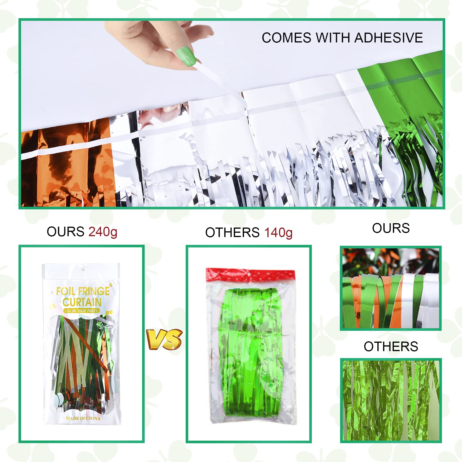 LOLStar 3 Pack St. Patrick's Day Foil Fringe Curtains St Patricks Day Party Decoration 3.3x6.6 ft Green White Orange Tinsel Fringe Curtain Photo Booth Prop Streamer Backdrop for Irish Party Decoration