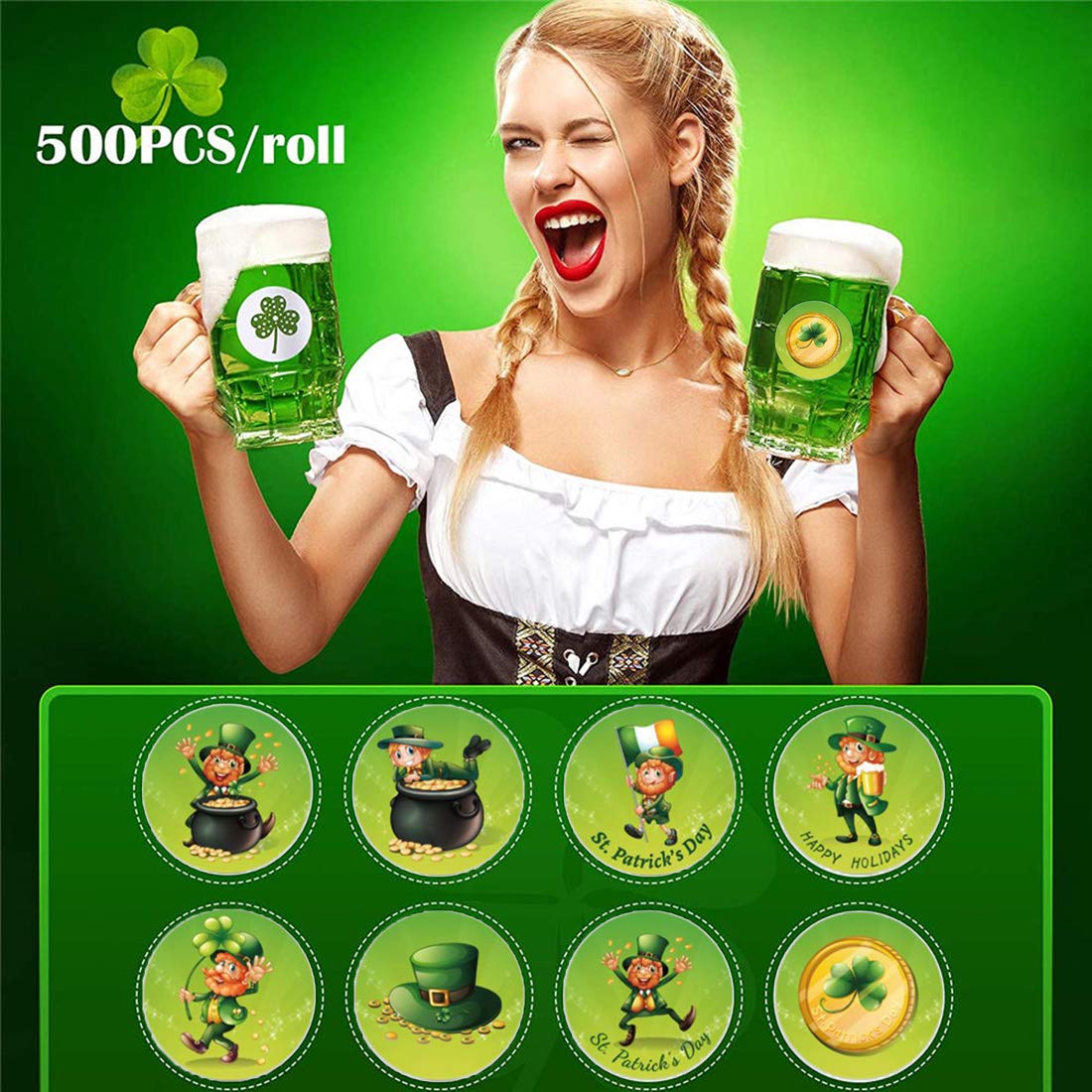 St. Patrick's Day Stickers Roll Shamrock Label Stickers DIY Gift Boxes Seal Labels Packaging Clover Sticker Irish Festival Party Deco Crafts Supplies(500 Pieces)