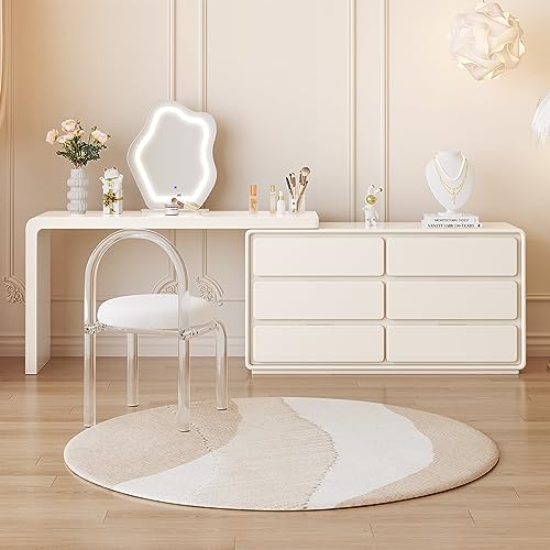 HOTICKME White Makeup Vanity Set, Modern Makeup Vanity with LED Mirror, Vanity Desk with Chair & Drawers & Cabinet, Dressing Table for Girls, Bedroom Dresser