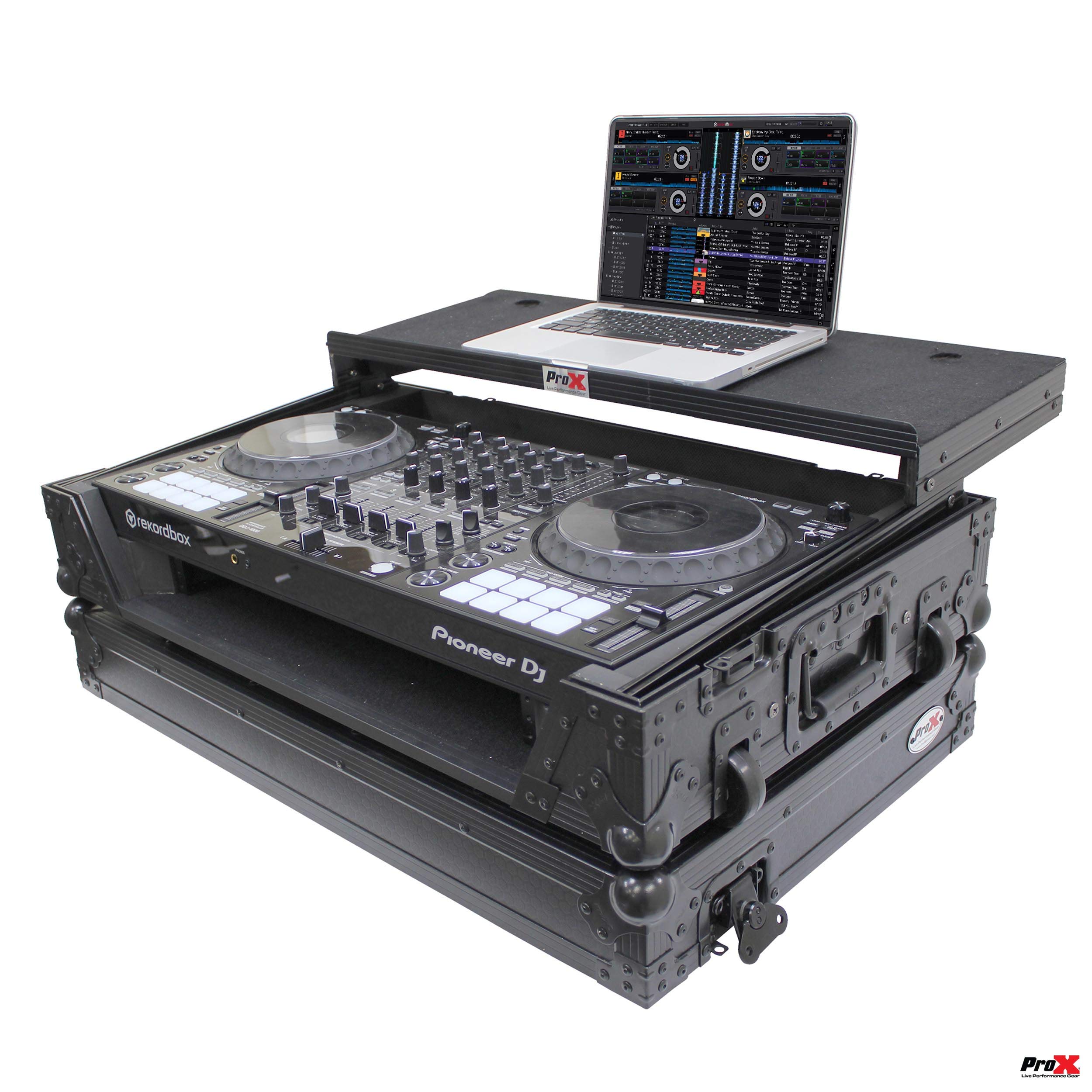 ProX XS-DDJ1000 WLTBL LED ATA Flight Case for Pioneer DDJ-1000 FLX6 SX3 DJ Controller with Laptop Shelf 1U Rack Space Wheels and LED - Black