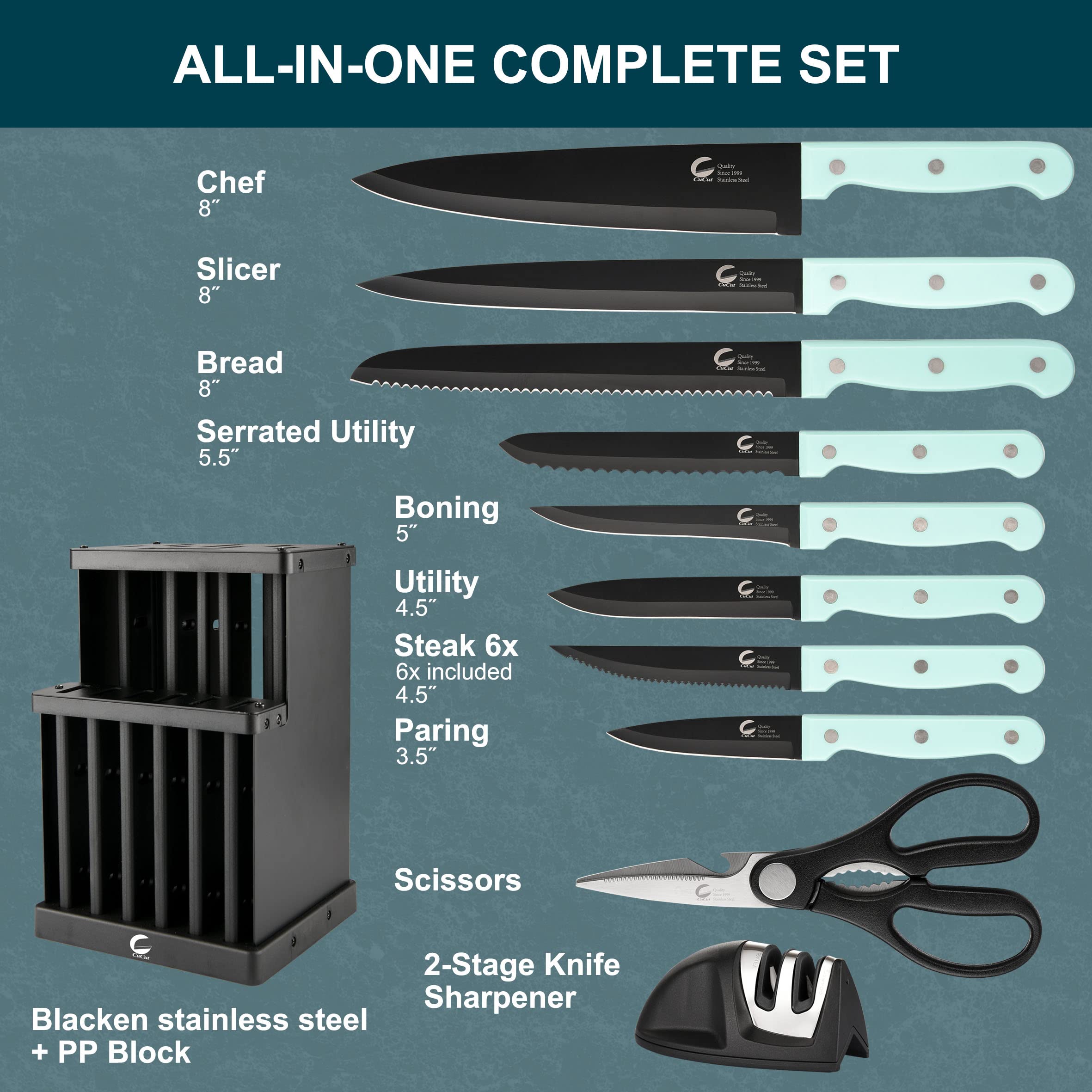CuCut Knife Set, 16 Pieces Dishwasher Safe Kitchen Knives with Steel Block, German Stainless Steel Knife Block Set with Knife Sharpener