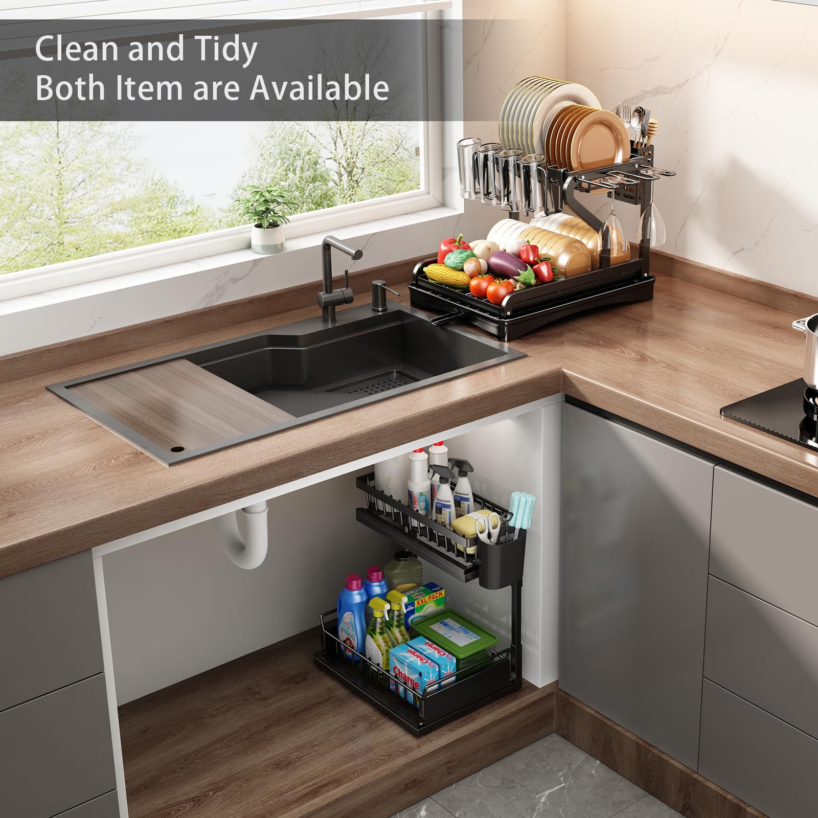 CICUFY Metal Under Sink Organizer,2-Tier Double Sliding Under Sink Storage for kitchen & Bathroom Cabinet-Black