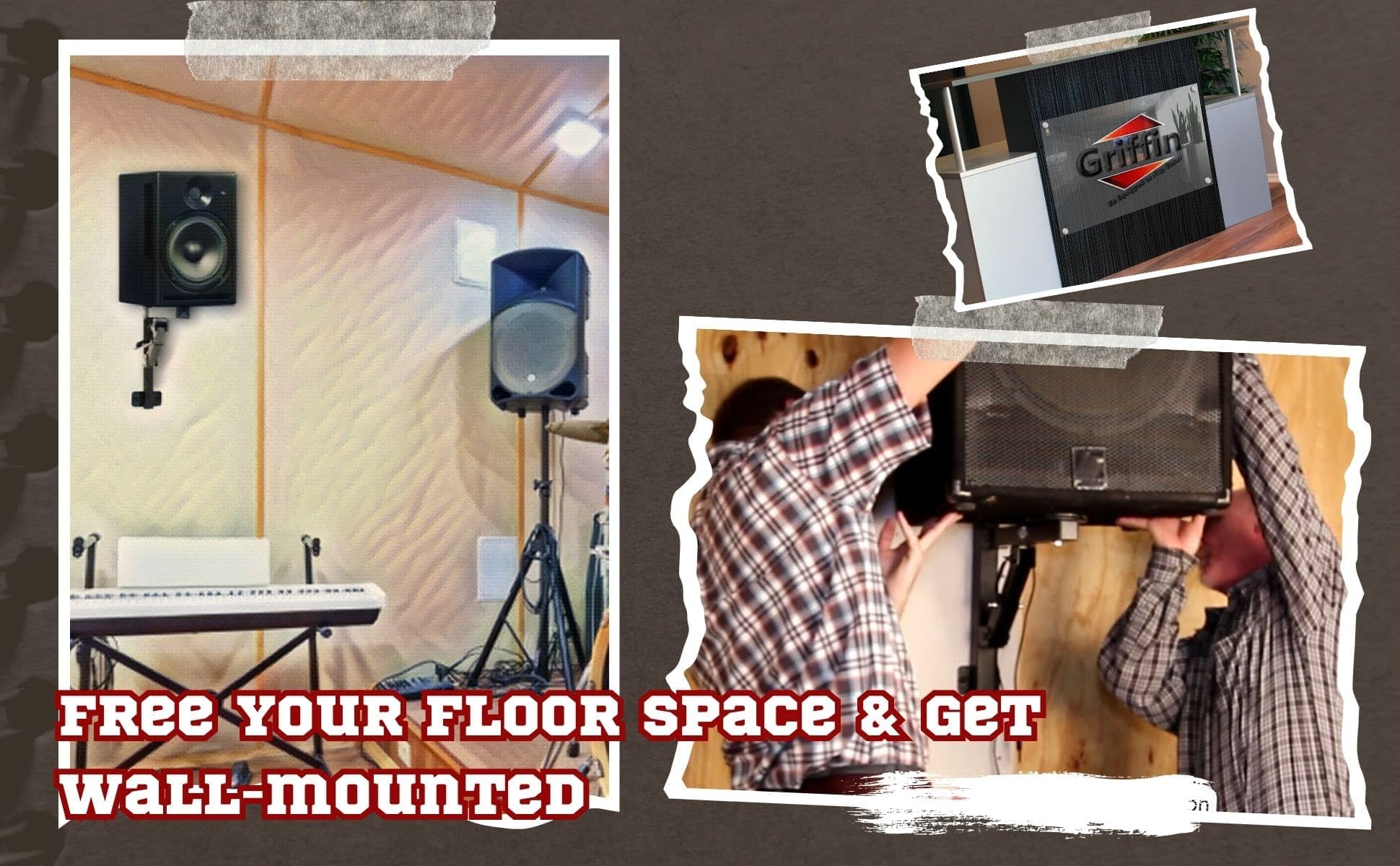 Premium PA Speakers Wall Mount Brackets By GRIFFIN | Set Of 2 All Steel Pro-Audio Speaker 35mm Pole Holder | Securing Locking Pin & 3 Horizontal Level Tilt Adjustments | On Stage Studio Monitor Stands