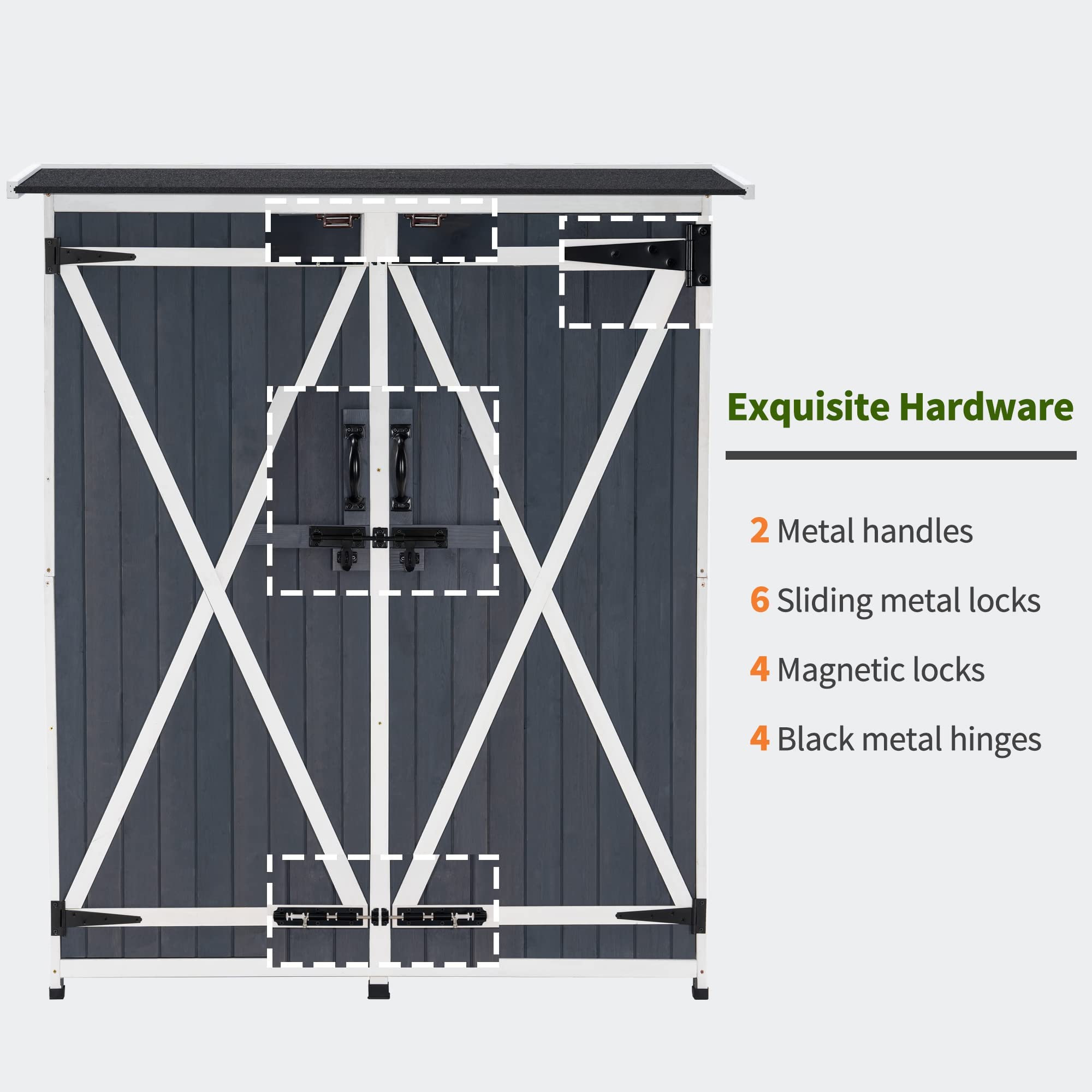 MCombo Storage Shed Backyard Utility Tools Organizer Outdoor Wooden Garden Racks Shelves with Lockers 2 Doors Home Furniture 6056-1400(Grey)