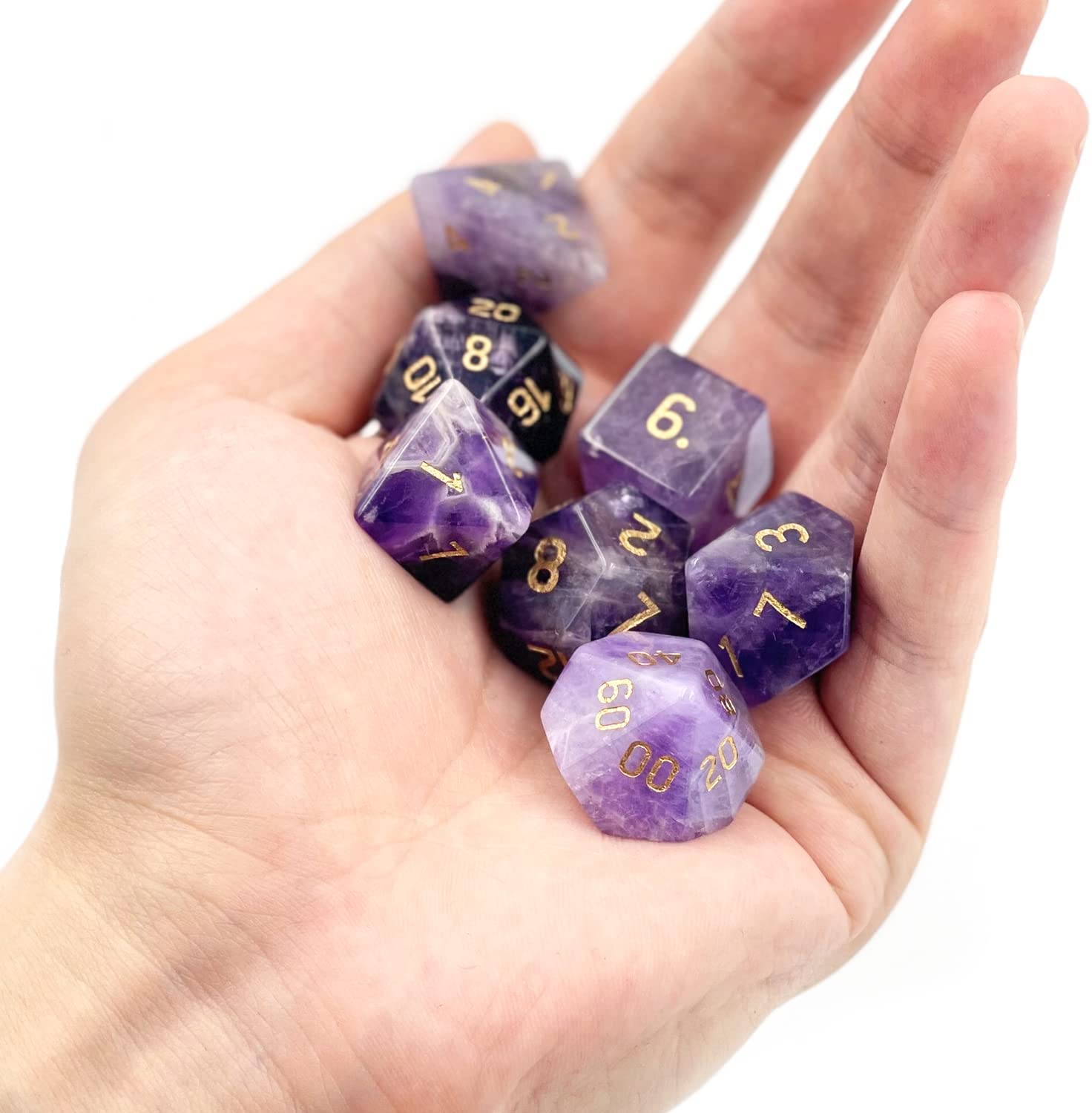 TAMYUN 7 Pieces DND Dice Set Amethyst Natural Gemstone Dice D4 D6 D8 D10 D00 D12 D20 and Dice Bag RPG Polyhedral Dungeons and Dragons Dice Toys