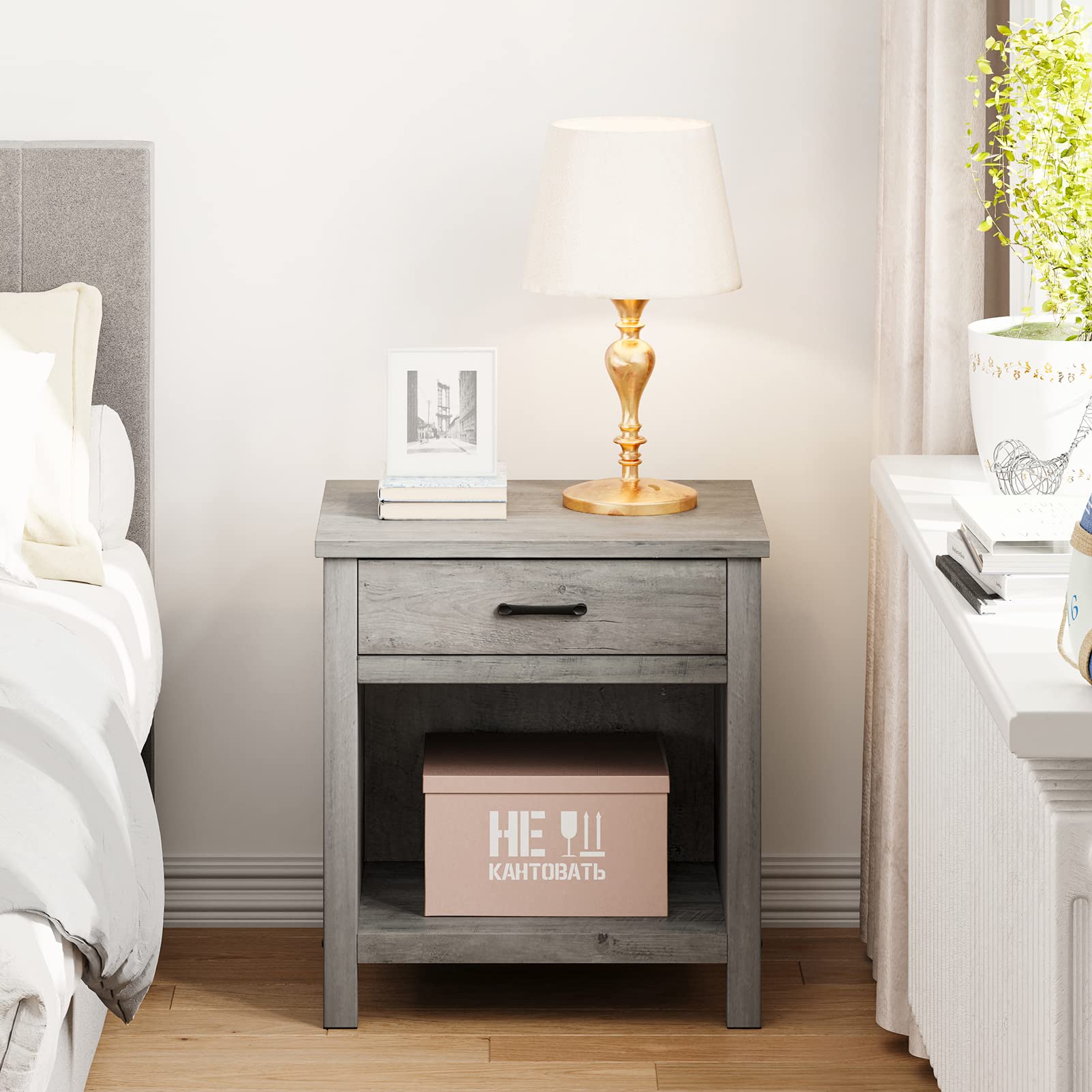 GAOMON Rustic Grey Nightstands Set of 2, Farmhouse End Table Beside Table with Storage Drawer, Modern Night Stand for Bedroom, Wood Side Table for Living Room, College Dorm