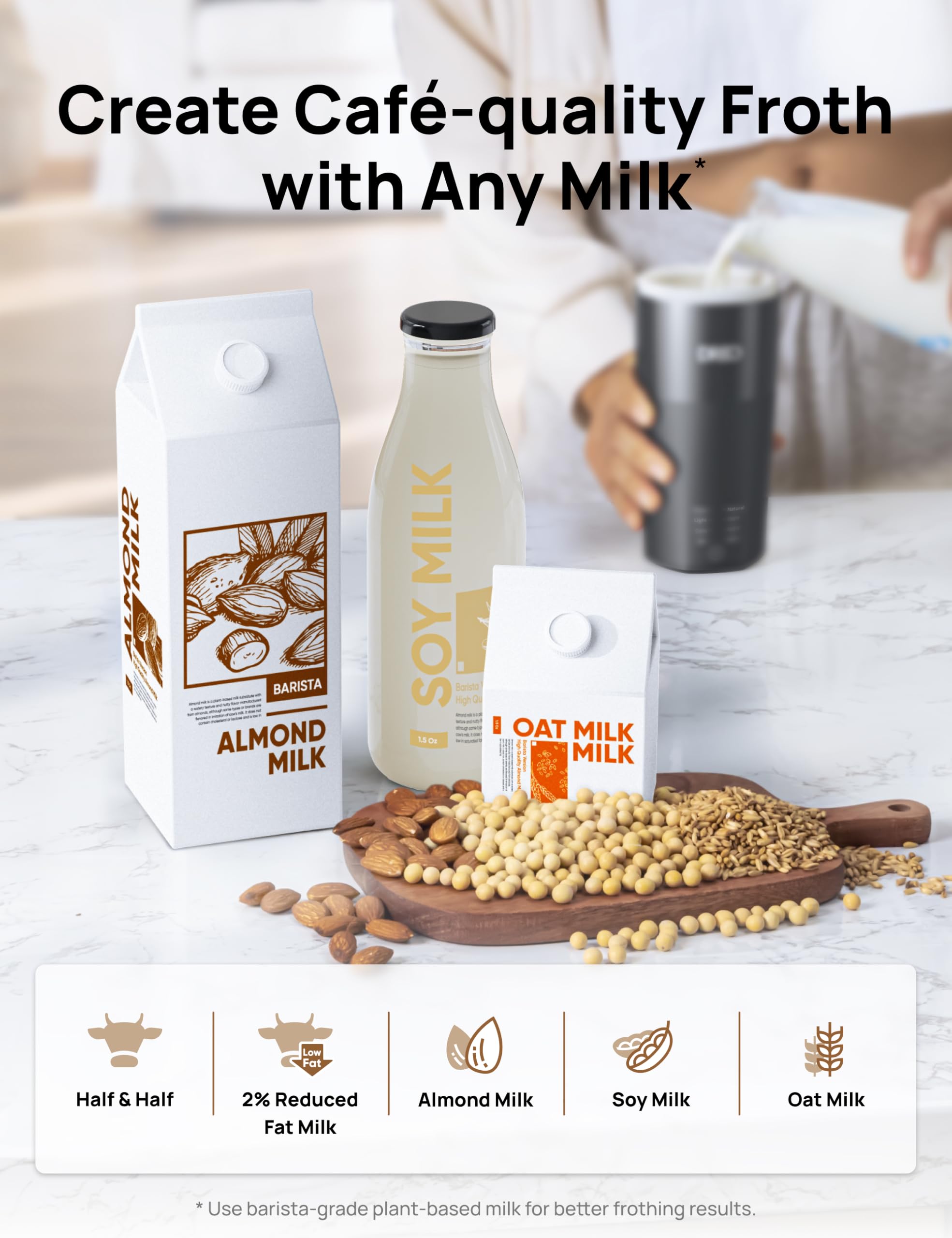 Dreo Milk Frother, 4-in-1 Electric Frother for Coffee, Hot and Cold Foam Maker for Cappuccino, Flat-white, Latte with Plant-based and Dairy Milk, Multi-stage, Easy to Clean, Temperature Control, Black
