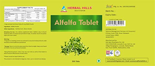 HERBAL HILLS Alfalfa Tablets | 500 Count | Source of Vitamin A | Natural Green Superfoods