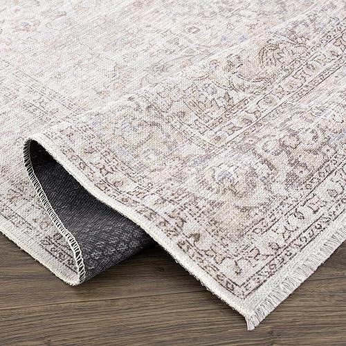 Hauteloom Holi Collection Antebi - Machine Washable Oriental Persian Living Room Kitchen Bedroom Dining Room Area Rug - Neutral Vintage Distressed Boho Style - Beige, Brown, Cream - 7'10"x10'3"