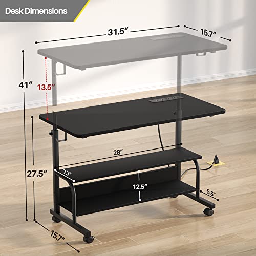 Height Adjustable Standing Desk with Power Outlets, 32" Manual Stand Up Desk with Storage Shelves Small Mobile Rolling Computer Desk Portable Laptop Table with Wheels for Home Office, Black