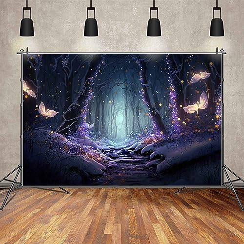 MOONDECO Photography Backdrop 7x5ft Butterfly Wonderland Forest Road Birthday Background Children Bluey Party Photo Booth Props Fire Fly Lamp Light Decorations