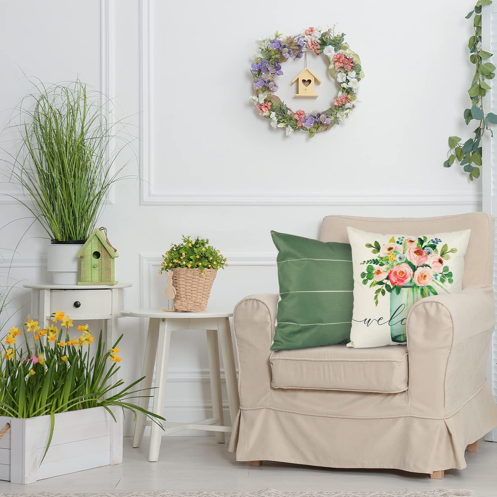 YGEOMER 18x18 Spring Pillow Covers, Set of 4 Pillow Covers, Spring Summer Farmhouse Outdoor Pillow Covers Green Garden Linen Cushion Case for Home Decor