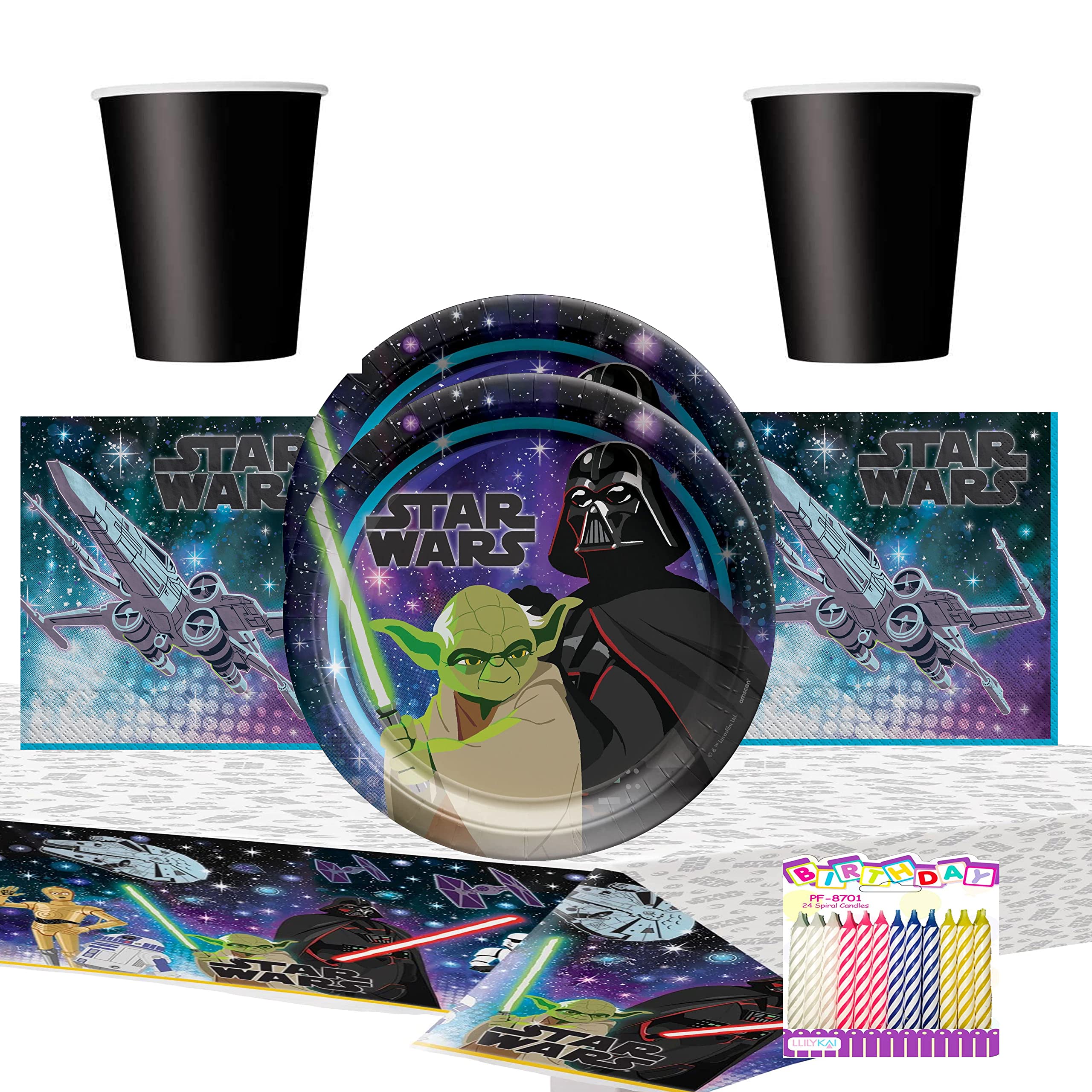 Star Wars Galaxy Of Adventures Party Supplies Pack Serves 16 - 9" Plates Napkins Cups and Table Cover for Boys, Kids, Children - Durable - Star Wars Decorations - Includes Birthday Candles