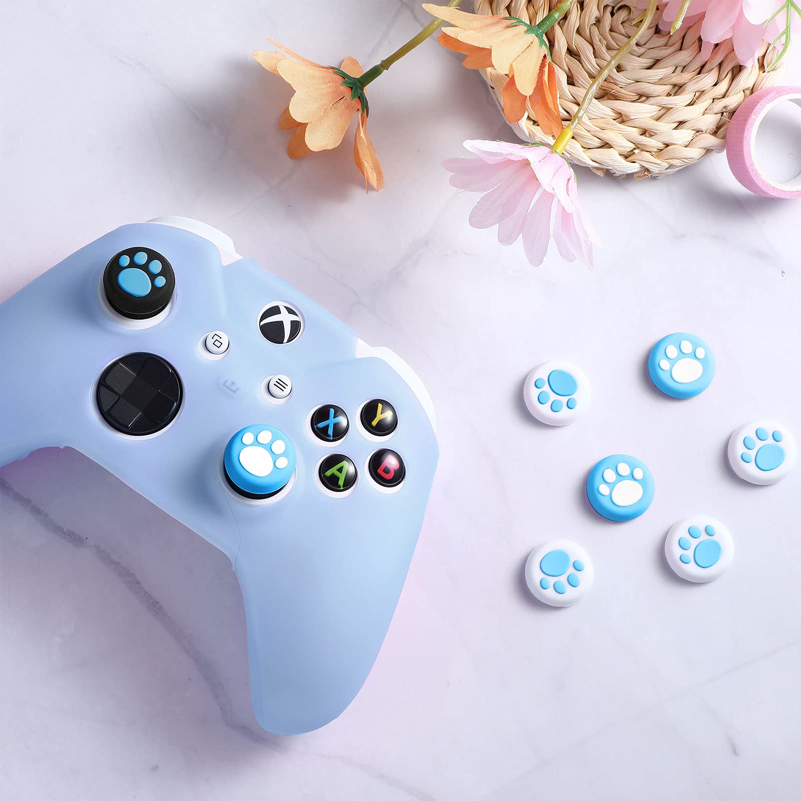 Chalyna 14 Pcs Controller Skins Anti-Slip Accessories Set Silicone Cover Protector Case Compatible with Xbox One/S/X Controller Wireless/Wired Gamepad Joystick with 12 Cat Paw Thumb Grips (Blue)