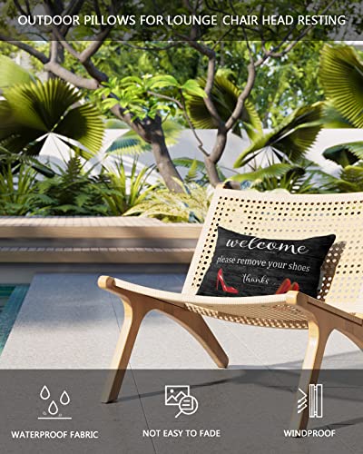 Outdoor Pillow for Chaise Lounge Chair, Red High Heels Black Retro Wood Grain Waterproof Headrest Pillow Lumbar Pillows with Adjustable Elastic Strap for Beach, Poolside, Patio, Office (2 Pack)