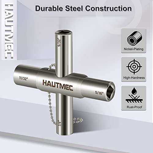 HAUTMEC 4 Way Sillcock Water Key,1/4", 9/32", 5/16", 11/32" Steel Multi-Function Utility Key for Sillcocks Faucets Valves Spigots PL0028