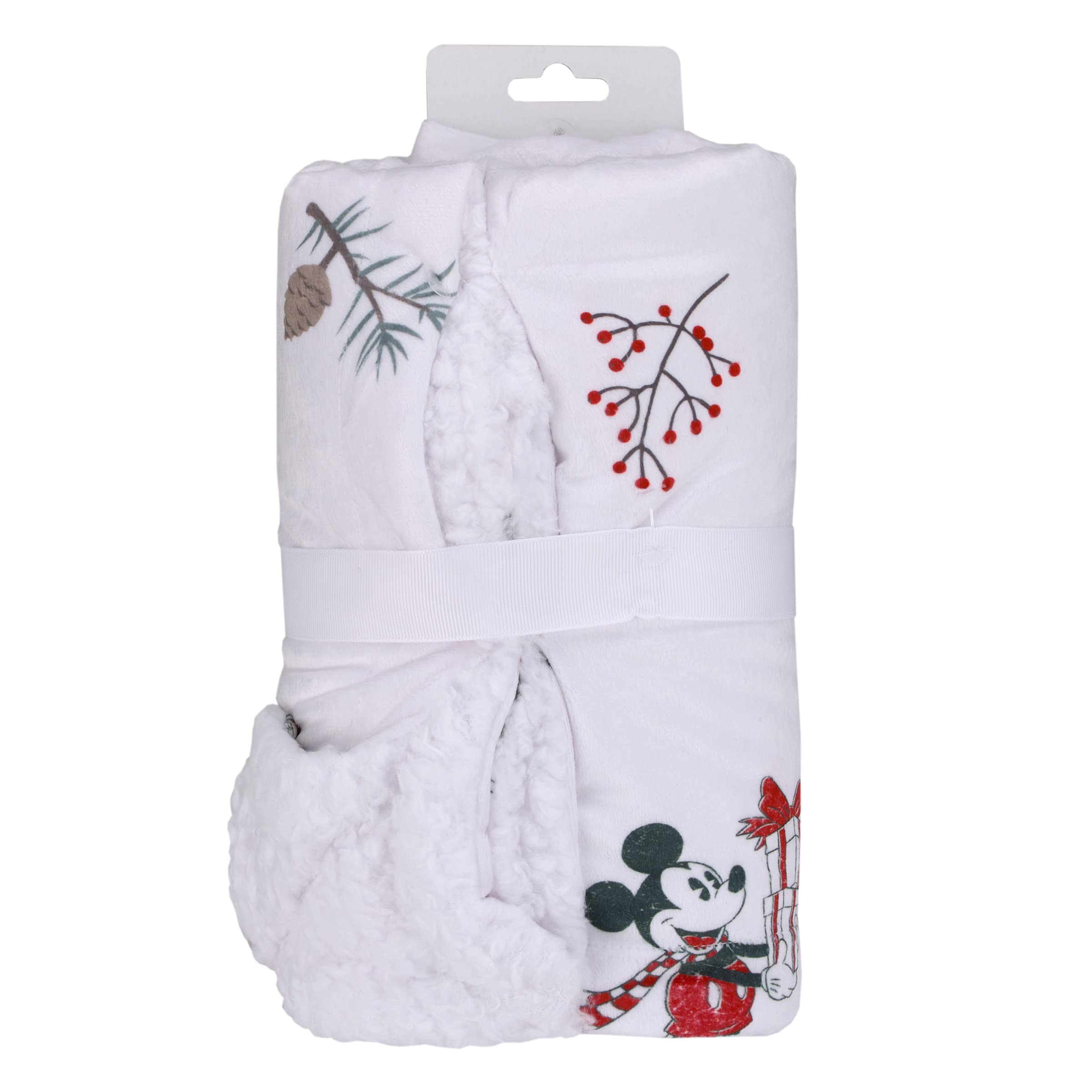 Disney Mickey and Minnie Mouse White, Red, and Green Ice Skating Sledding Christmas Holiday Super Soft Sherpa Baby Blanket