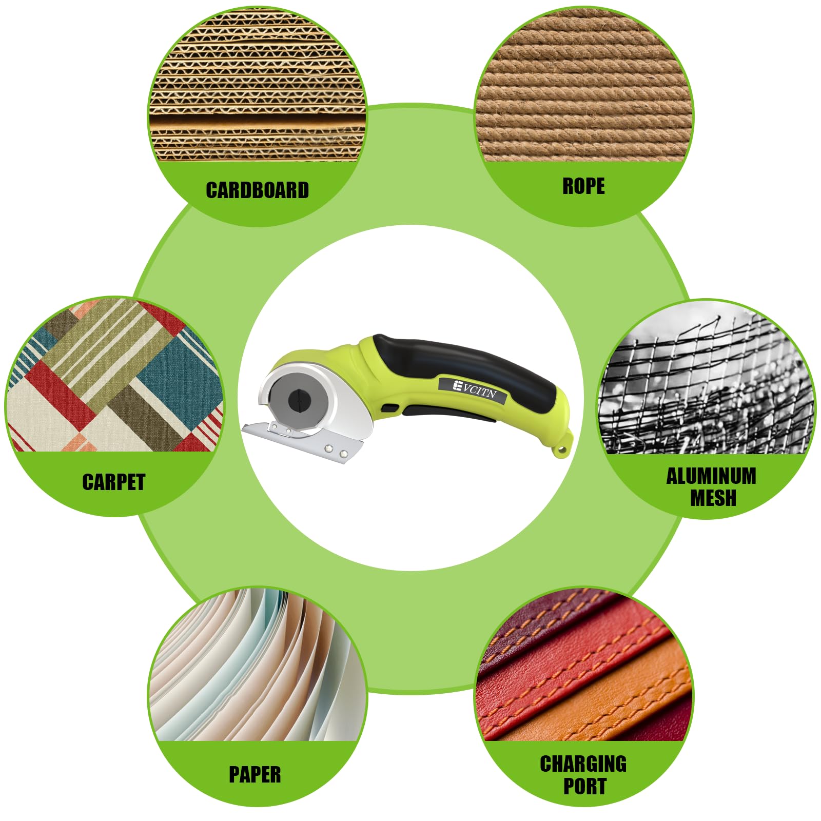 Evcitn Cordless Electric Scissors, Cardboard Cutter with Replacement Self-Sharpening Cutter Blade and Safety Lock, Rotary Cutter [Southpaws Friendly] for Fabric, Carpet, Leather or Plastic, Green