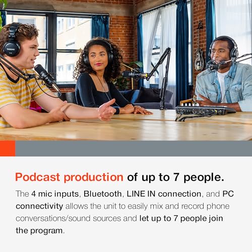 TASCAM Mixcast 4 Podcast Streaming Mixer, Recorder, and USB Audio Interface — Four XLR/TRS Mic Inputs, Touch Screen and Editing Software Included