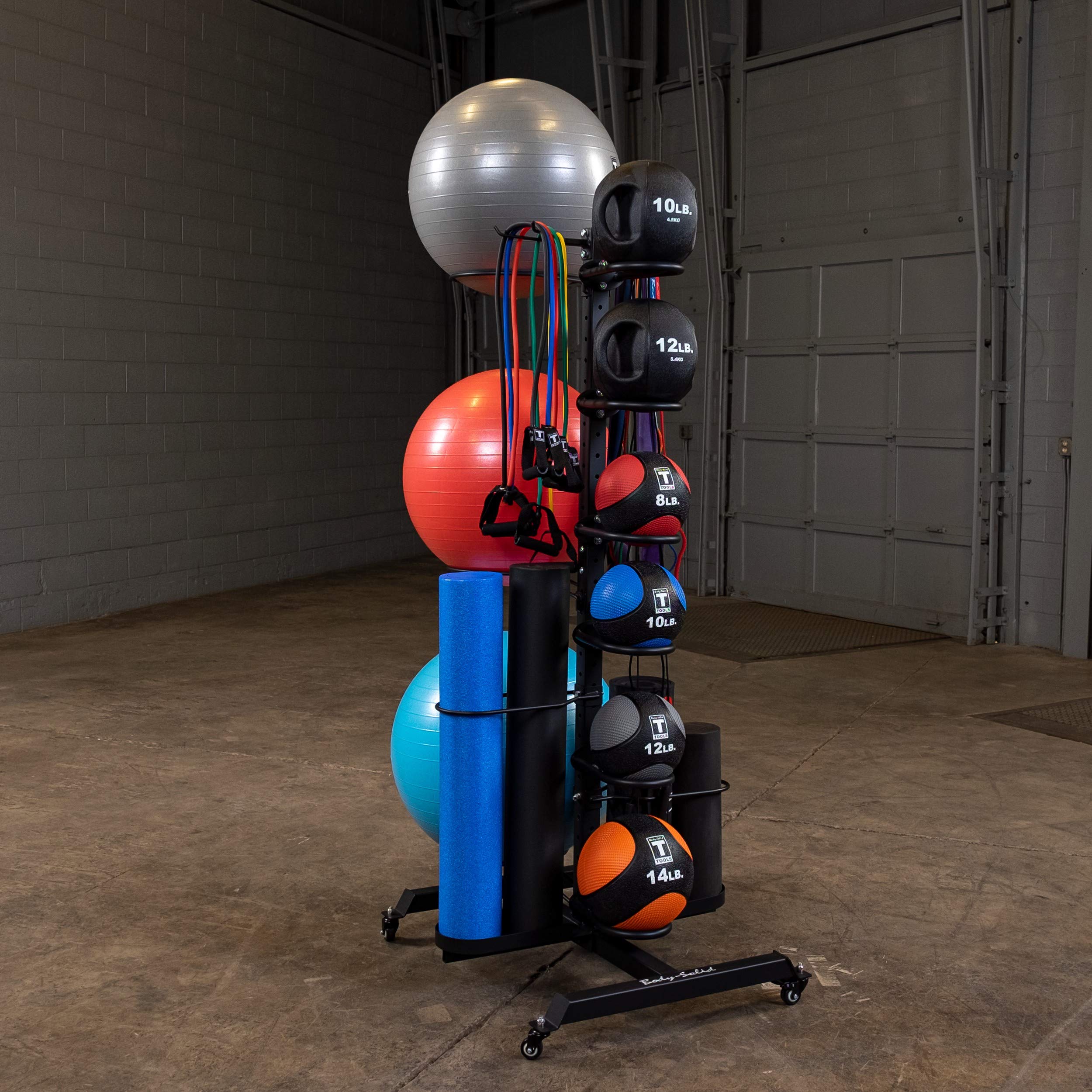 Body-Solid (GAR100) Compact Accessory Vertical Stand Rack for Organizing Medicine Balls, Weights Ball, Resistance Bands and Tubes, Jump Ropes, Foam Rollers, Yoga Mats, and more