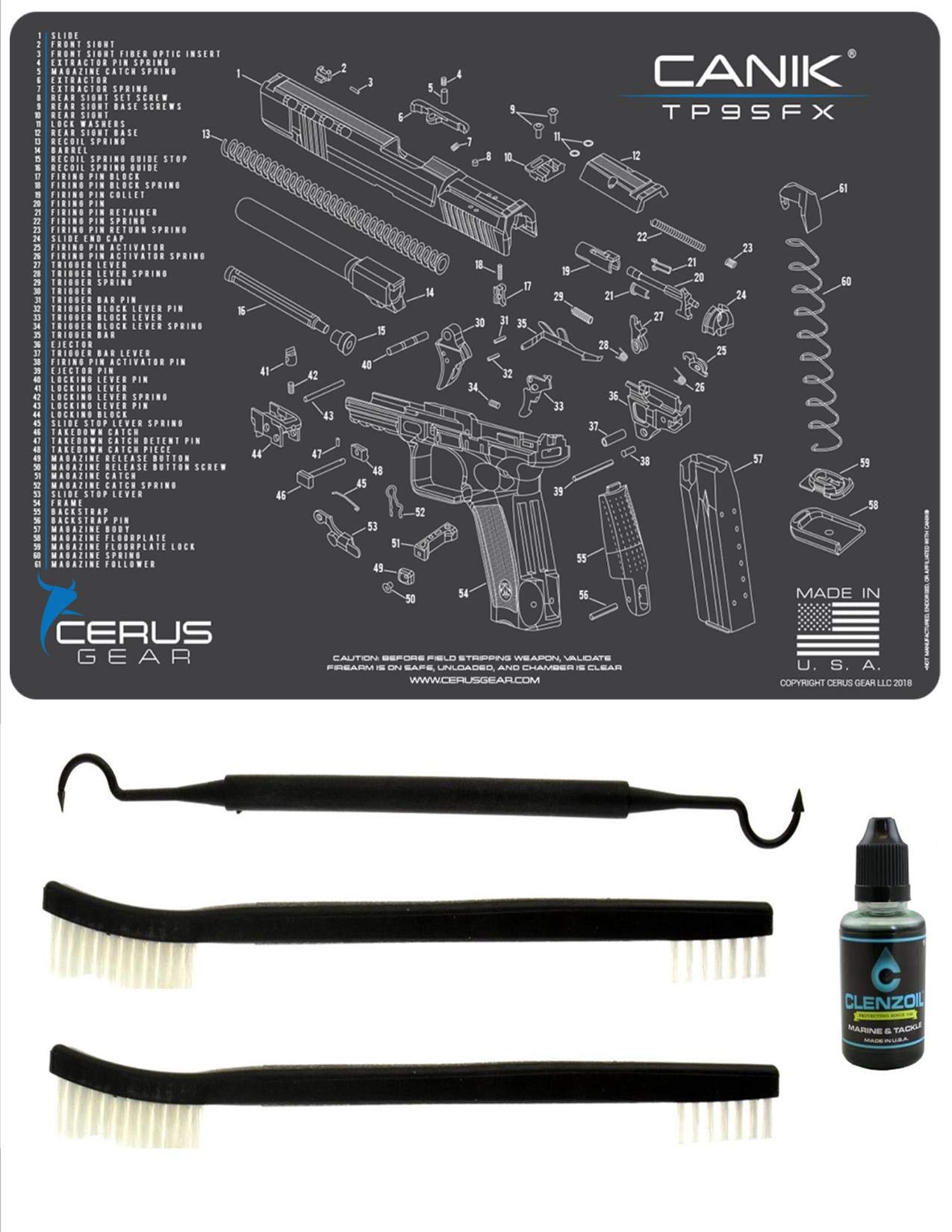 Canik TP9 SFX 5 PC EDOG Cerus Gear Schematic (Exploded View) Heavy Duty Pistol Cleaning 12x17 Padded Gun-Work Surface Protector Mat Solvent & Oil Resistant & 3 PC Cleaning Essentials & Clenzoil