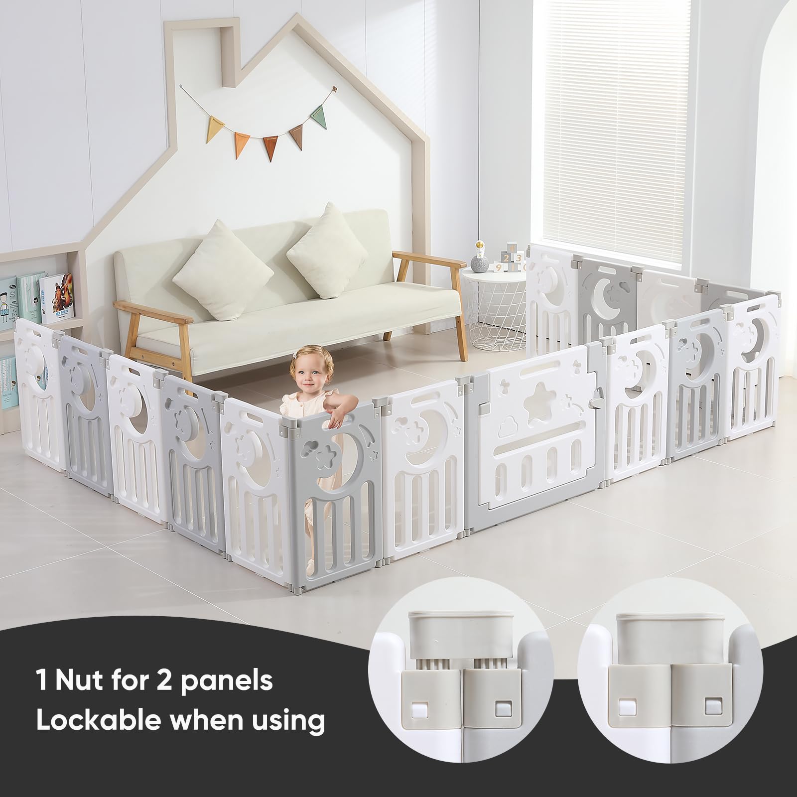 Dripex Baby Playpen, Foldable Playpen for Babies and Toddlers, Adjustable Shape Baby Fence, Safety Play Yard with Gate, Portable Play Area for Indoor or Outdoor (Grey+White,18 Panel)