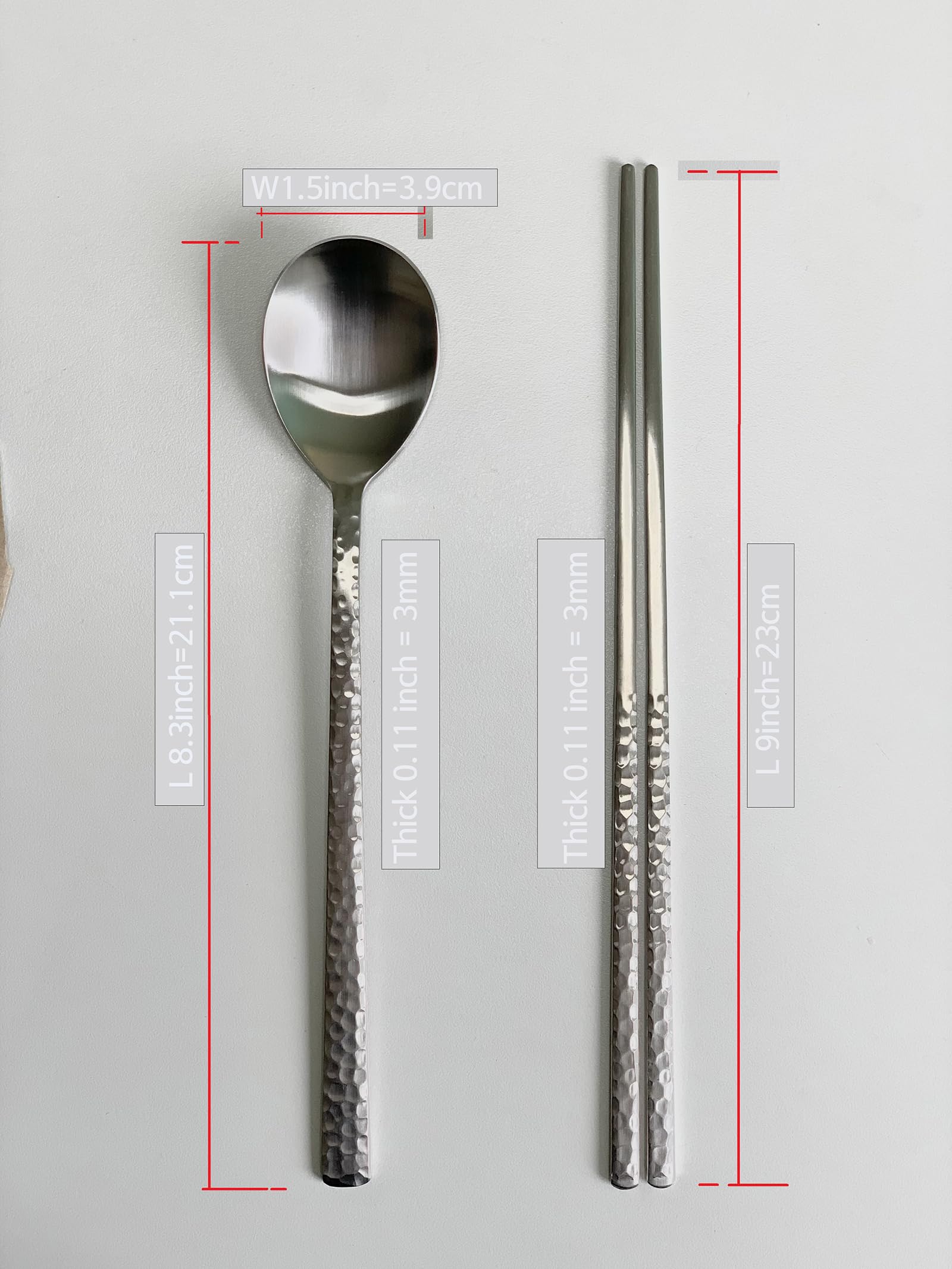 cozymomdeco Korean Made Silver Glossy Hammered Stainless Steel Korean Spoon & Chopstick SET (4SET)