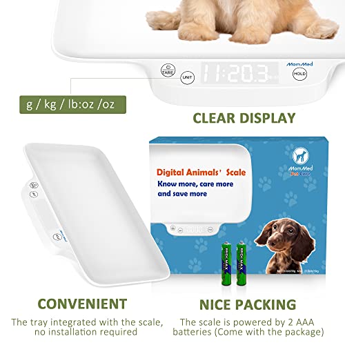 MomMed Digital Pet Scale, Portable Pet Dog Cat Scale with Hold and Tare Function, Precision Digital Scale, New Born Puppy and Kitten Scale with Tray for Puppy/Hamster/Little Bird/Rabbit, 1oz - 33lb