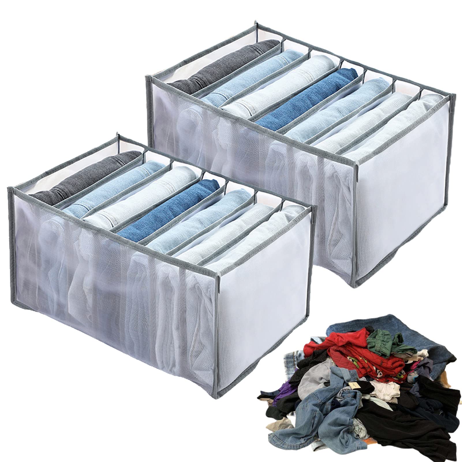 YH&GS 2PCS Wardrobe Clothes Organizer For Folded Clothes Pants,T-Shirt, Skirt, Underwear, Leggings, Kid Jeans Drawers Closet Mesh Storage Stackable 7 Grid Washable, Grey