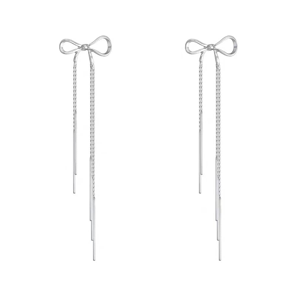 Chic Bow Knot Threader Dangle Stud Earrings Butterfly Knot Tassel Long Chain Dangling Charm Drop Statement Earring Christmas Jewelry for Women
