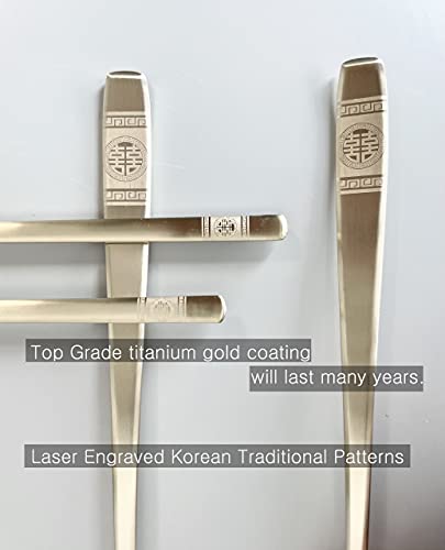 cozymomdeco Korean Made Traditional Pattern Engraved Chopsticks Spoon Set 18-10 Stainless Steel Gold Color 2SET
