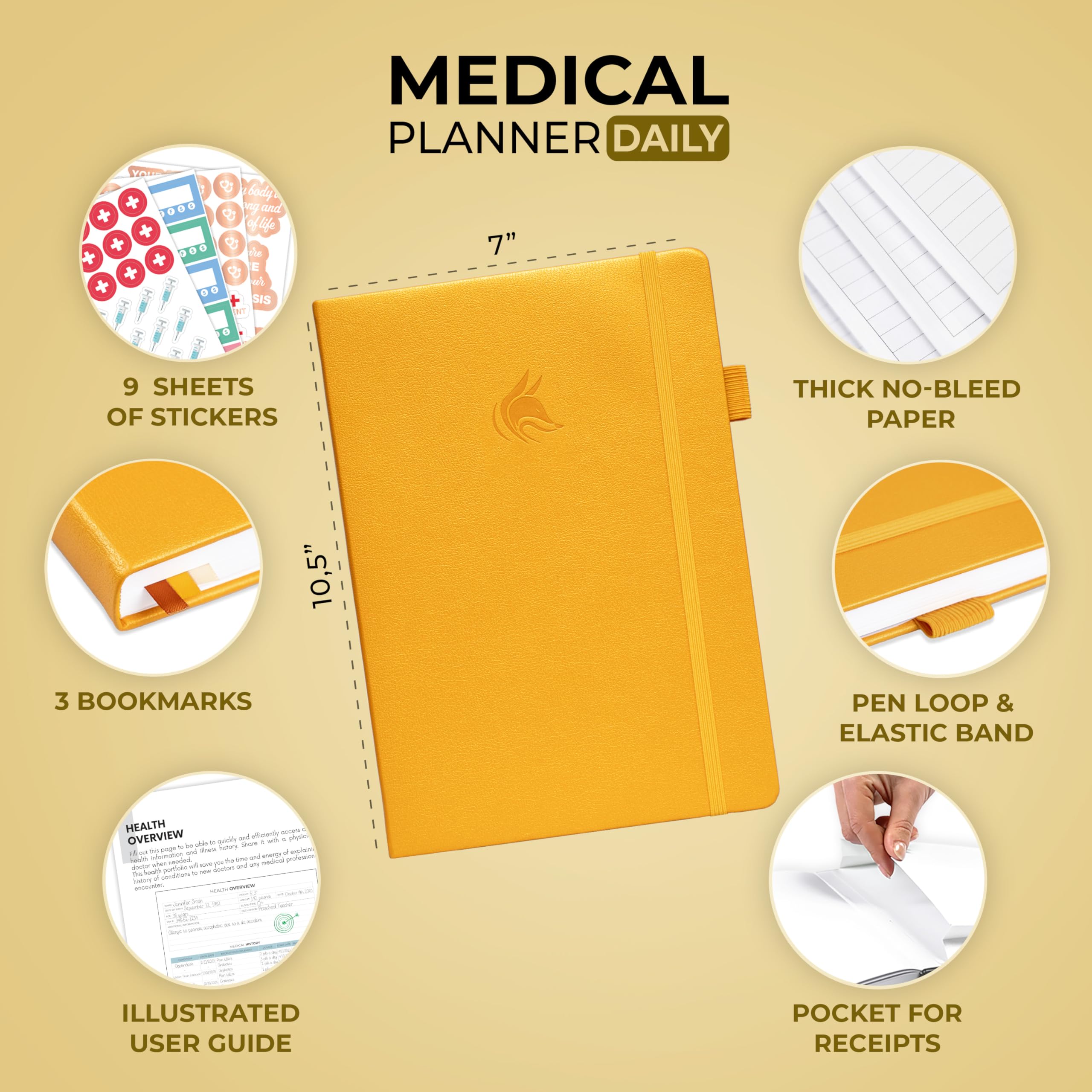 Clever Fox Medical Planner Daily – Health Diary Notebook, Wellness Journal & Self-Care Logbook, Lasts 3 Months, 7x10.5″ (Amber Yellow)