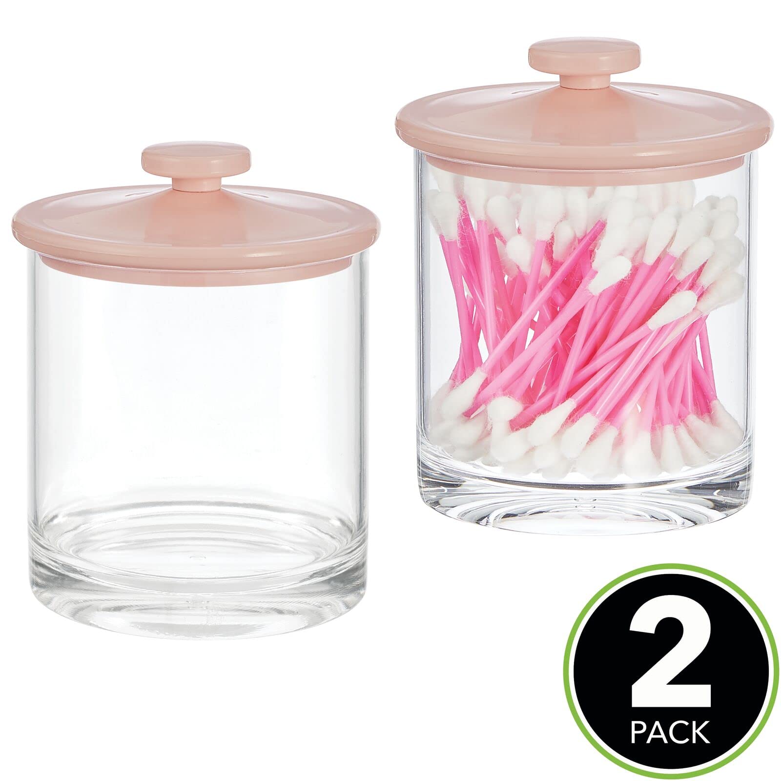 mDesign Small Modern Apothecary Storage Organizer Canister Jars - Acrylic Containers for Bathroom, Organization Holder for Vanity, Counter, Makeup Table, Lumiere Collection, 2 Pack, Clear/Light Pink