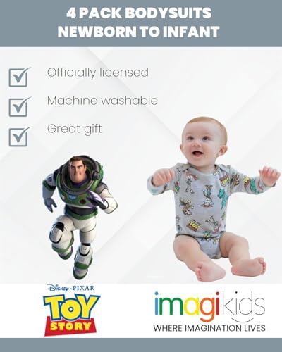 Disney Pixar Toy Story Alien Bullseye Rex Jessie Infant Baby Boys 4 Pack Bodysuits White/Gray/Blue/Black 12 Months