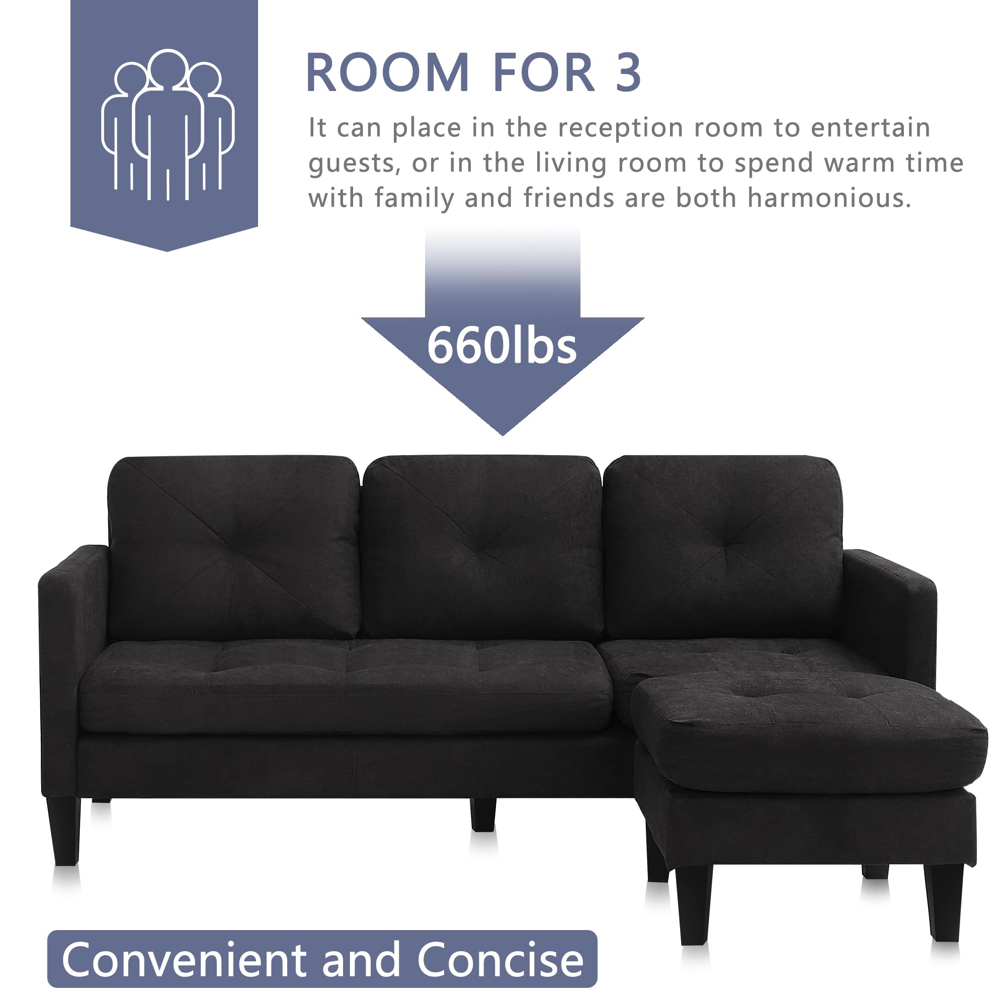 LETATA Convertible Sectional Sofa Couch with Chaise, Black L Shaped Couch Sofa Set with Reversible Ottoman for Living Room,Apartment,Small Spaces (Black)