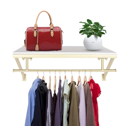 kunghei 31" Boutique Clothes Clothing Store Retail Wedding Dress Display Stand Wall-Mounted Garment Rack w/Wood Storage Shelf, Heavy Duty Clothing Racks for Hanging Clothes Metal Pipe Towel Rack