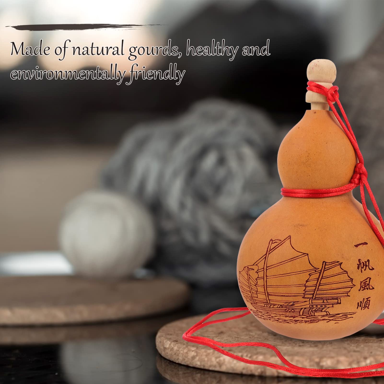 DOITOOL 2PCS Gourd Wine Flask Bottle Chinese Wu Lou Wine Bottle with Stopper Wooden Chinese Feng Shui Hu Lu Gourd Ornament for Home Kitchen ( Khaki )