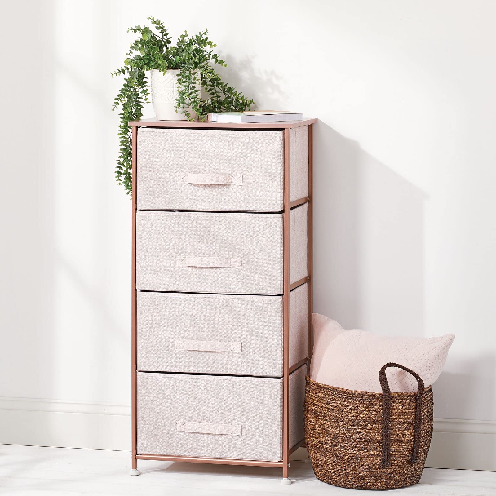 mDesign Tall Dresser Storage Tower Stand with 4 Removable Fabric Drawers - Steel Frame, Wood Top Organizer for Bedroom, Entryway, Closet - Lido Collection - Light Pink/Rose Gold
